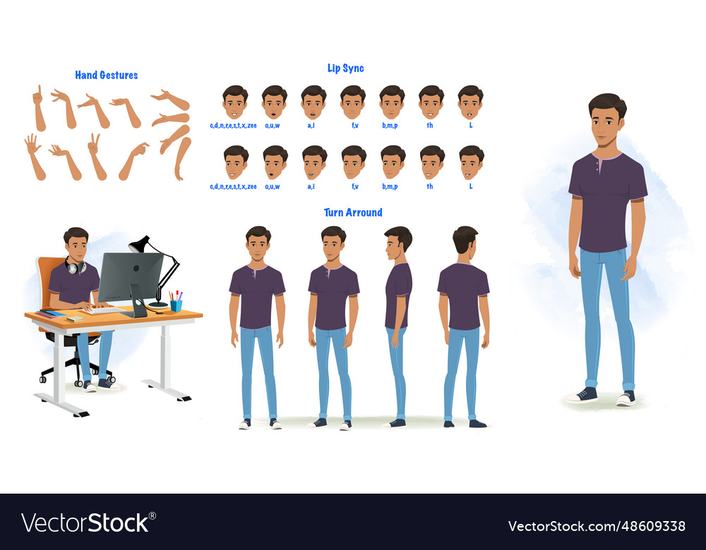 A young man character model sheet for animation c Vector Image