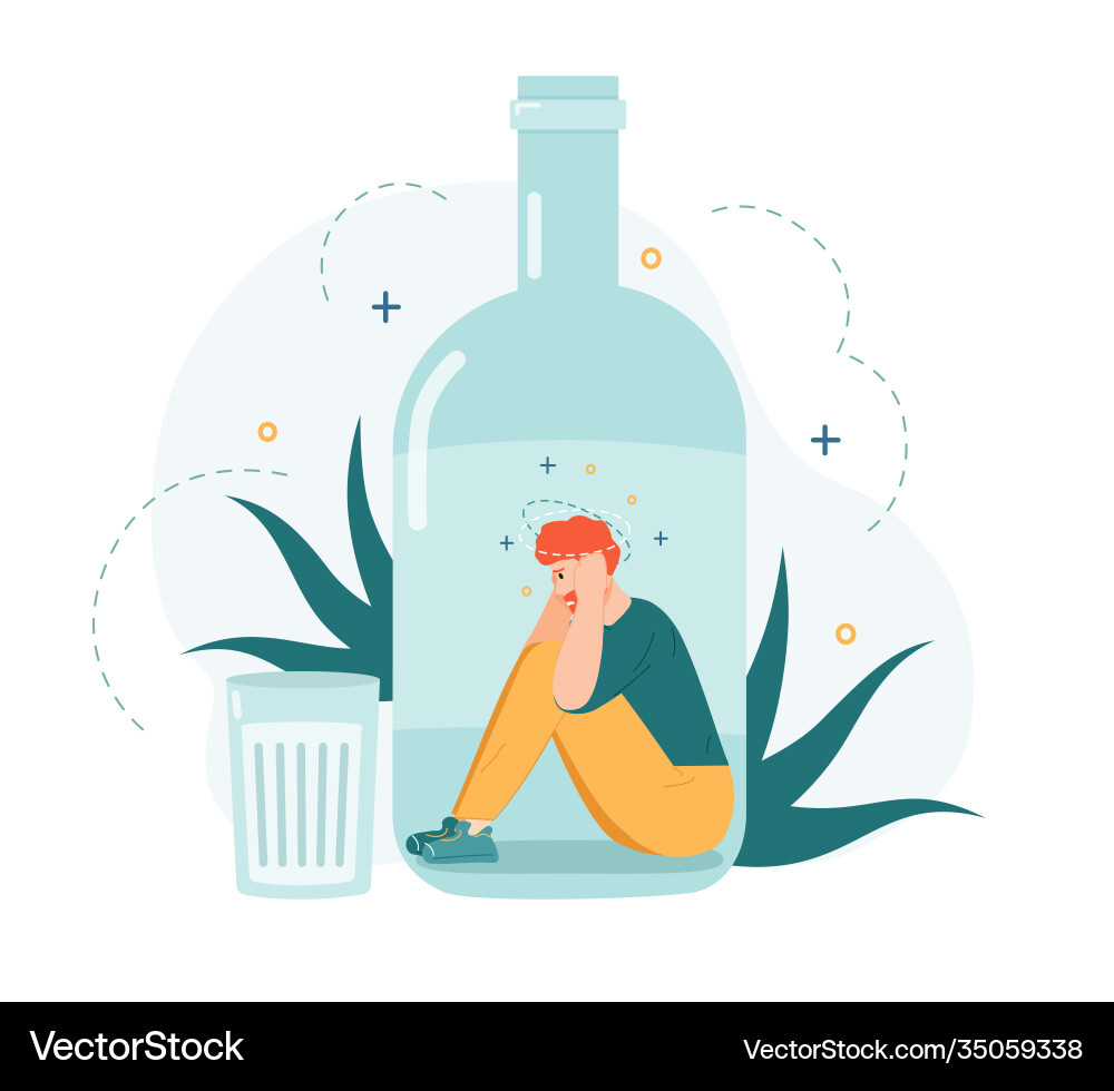 Alcohol addiction drunk man inside alcohol bottle Vector Image