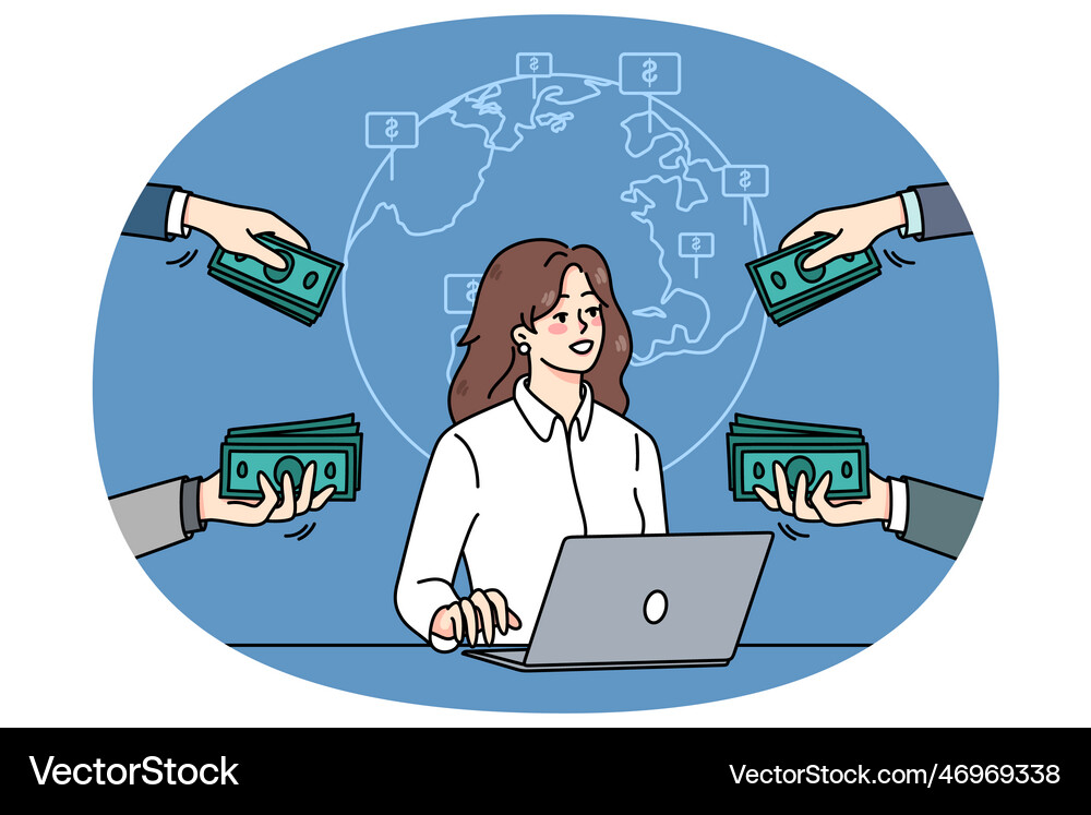Businesswoman work on computer get money Vector Image