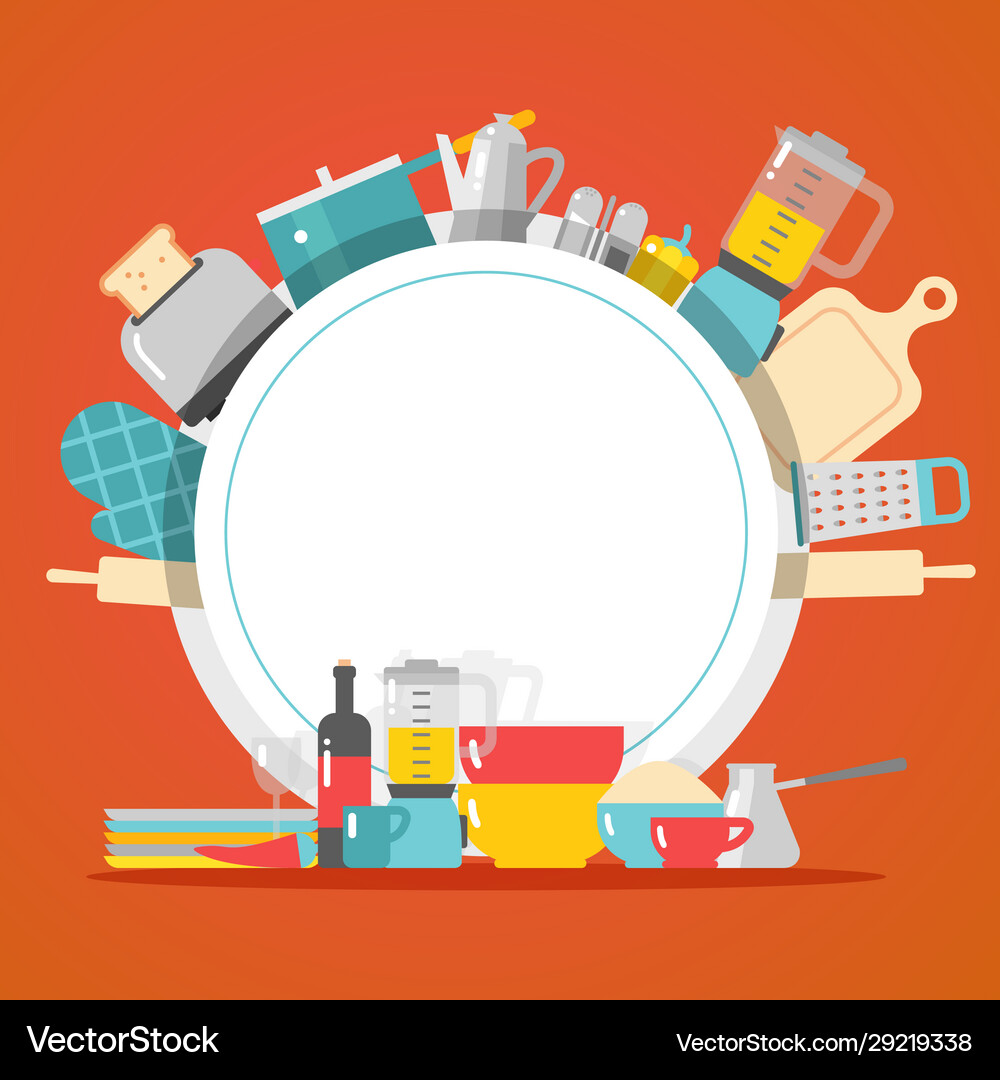 Kitchen cookware dishes and appliances household Vector Image