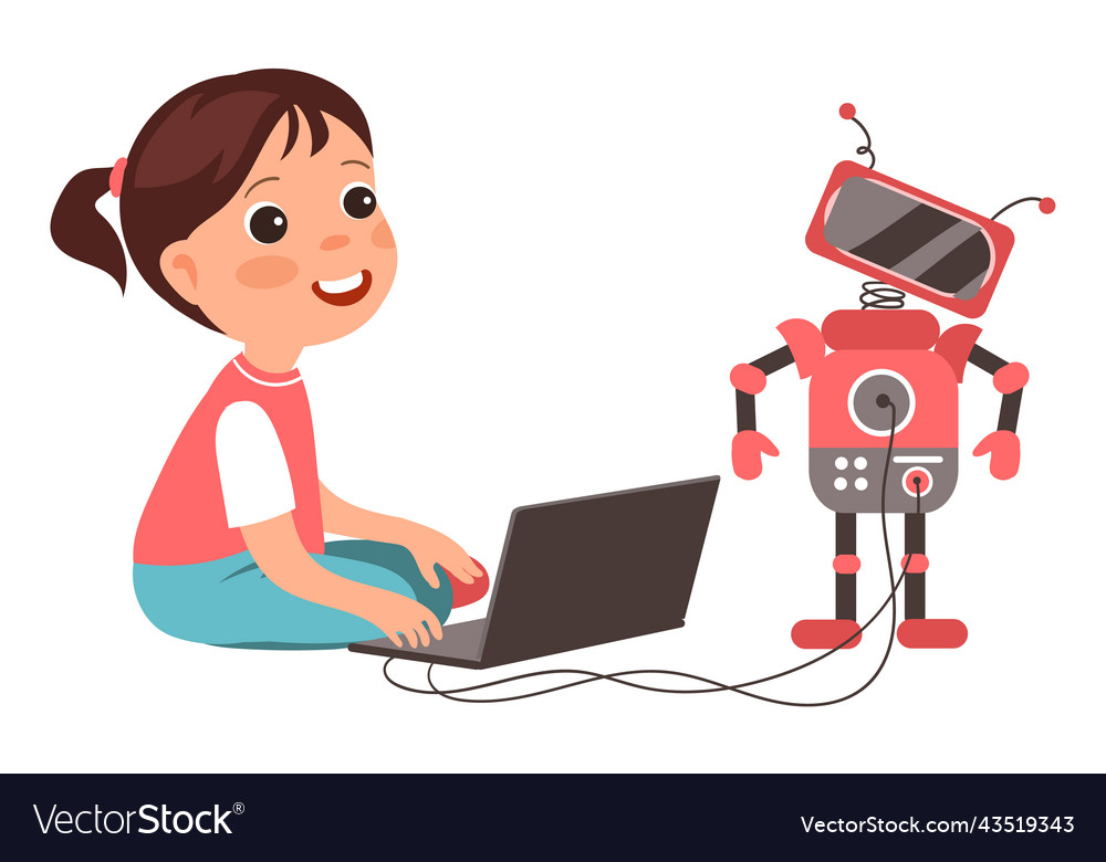 Children assemble robot girl with robotic toy Vector Image