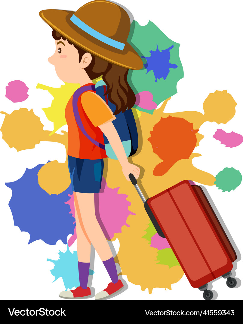 Girl pulling luggage on colorful background Vector Image