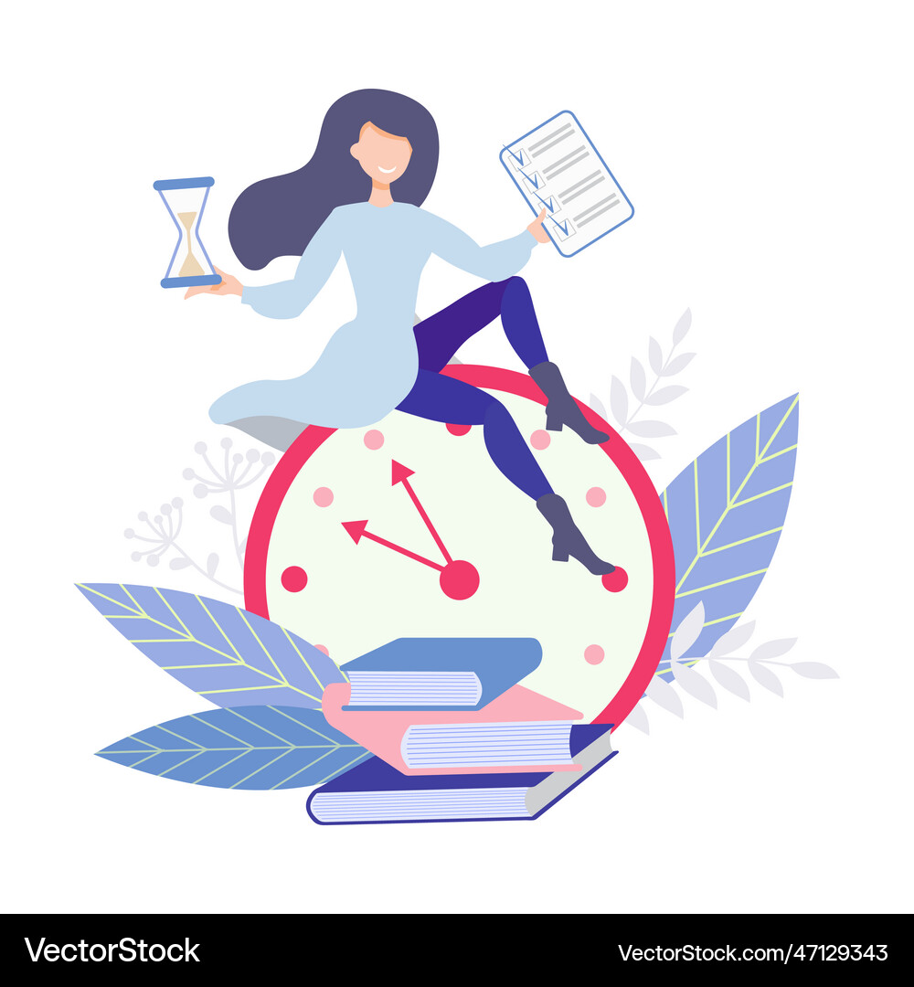 Happy young lady sitting on clock holding Vector Image
