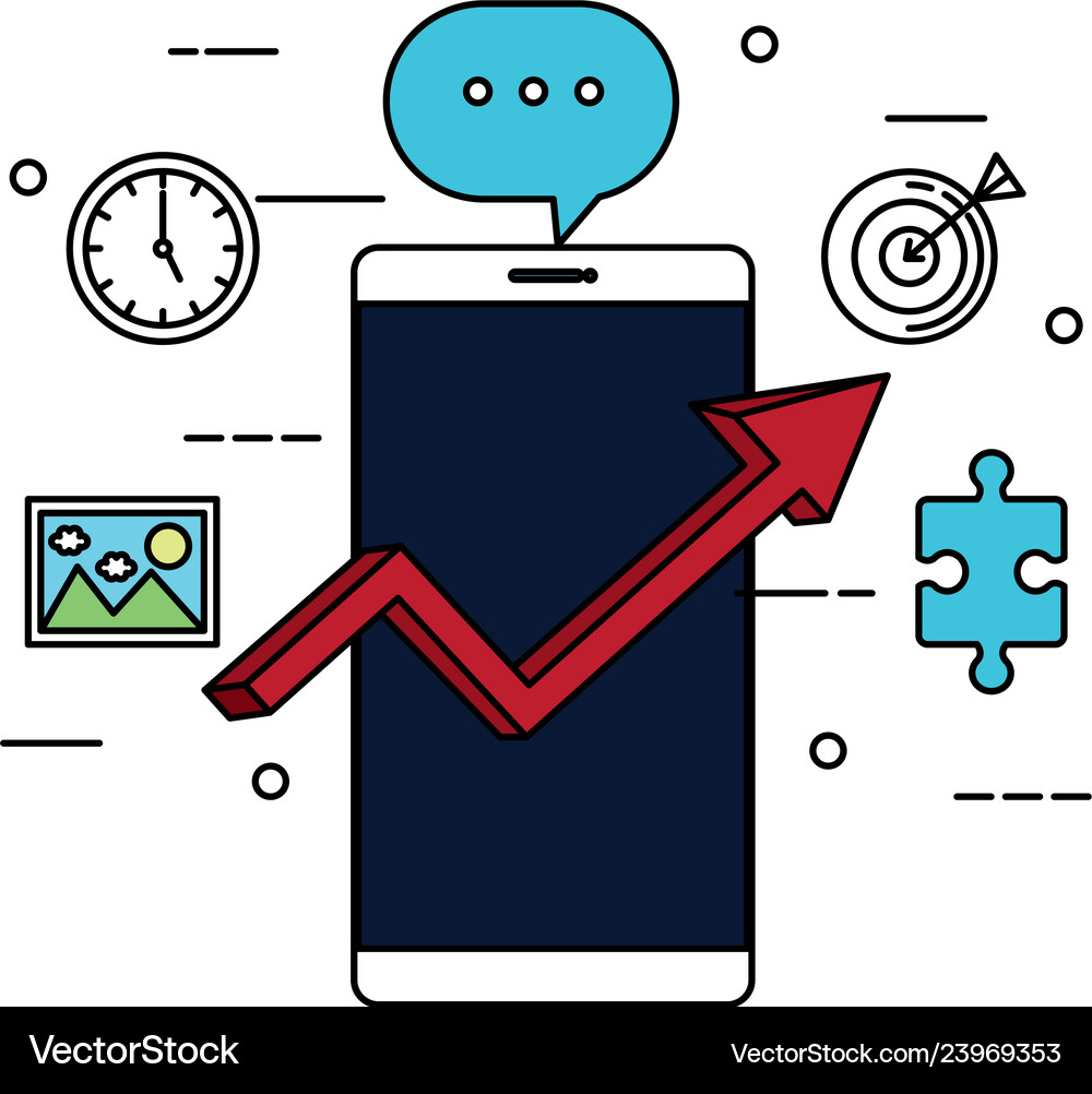 Smartphone with statistics arrow and icons Vector Image