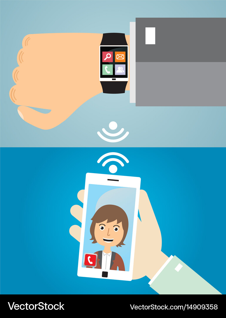 Hands with smart phone and smart wristwatch Vector Image