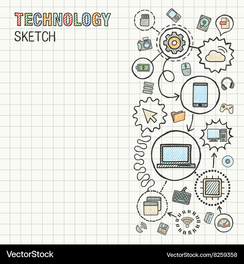 Technology hand draw integrate icons set on paper Vector Image