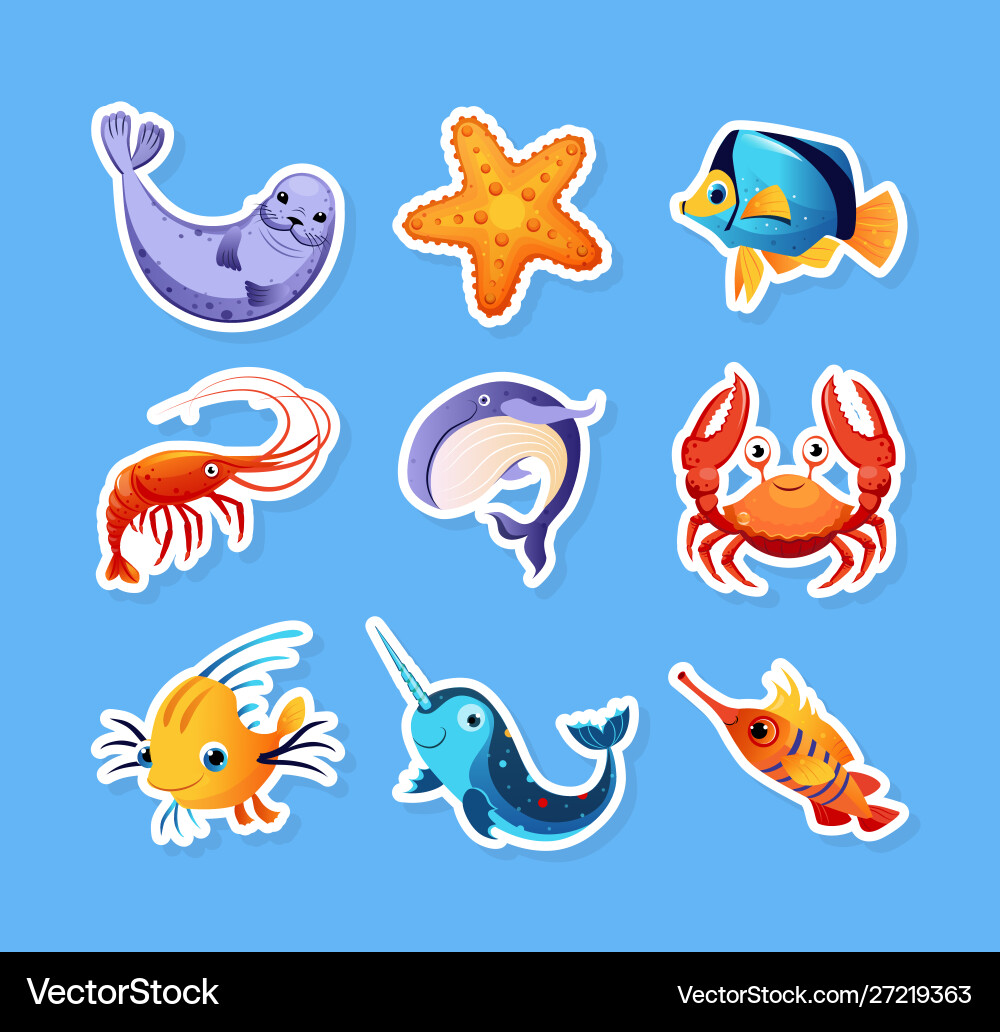 Collection stickers with cute friendly sea Vector Image