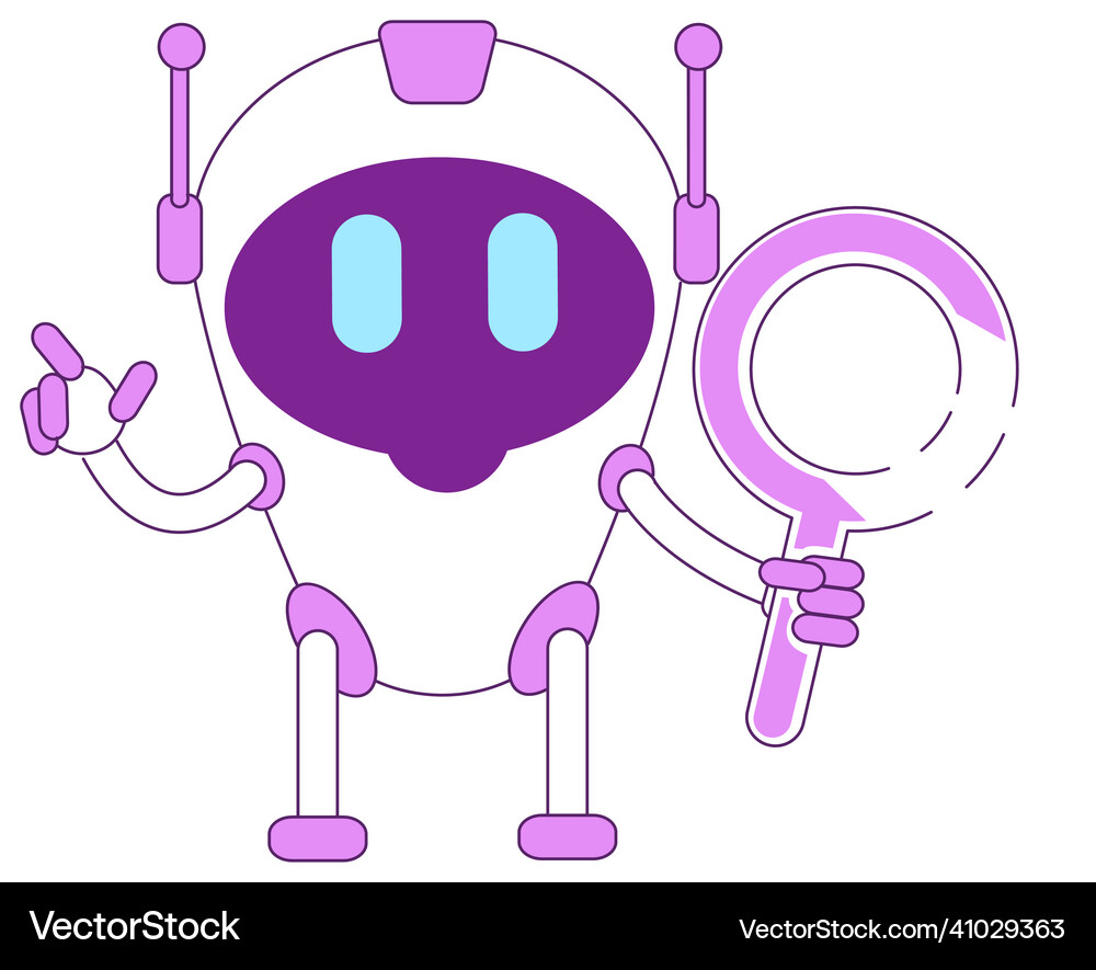 Cute modern robot with magnifying glass violet Vector Image