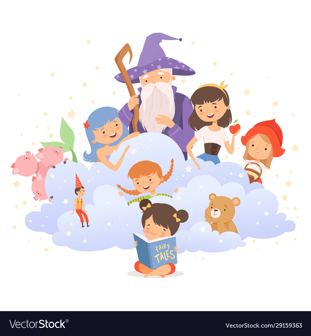 Little girl holding opened book reading fairy tale