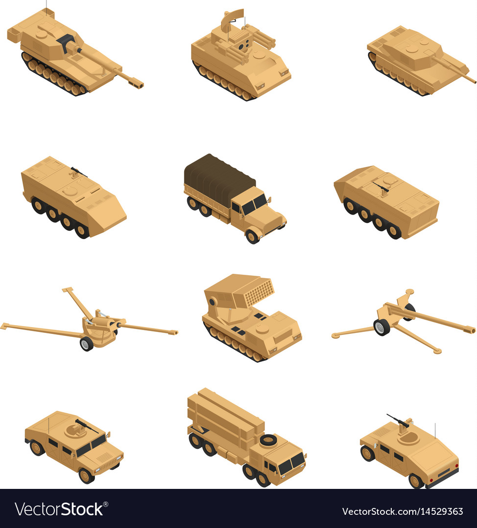 Military vehicles isometric icon set Royalty Free Vector