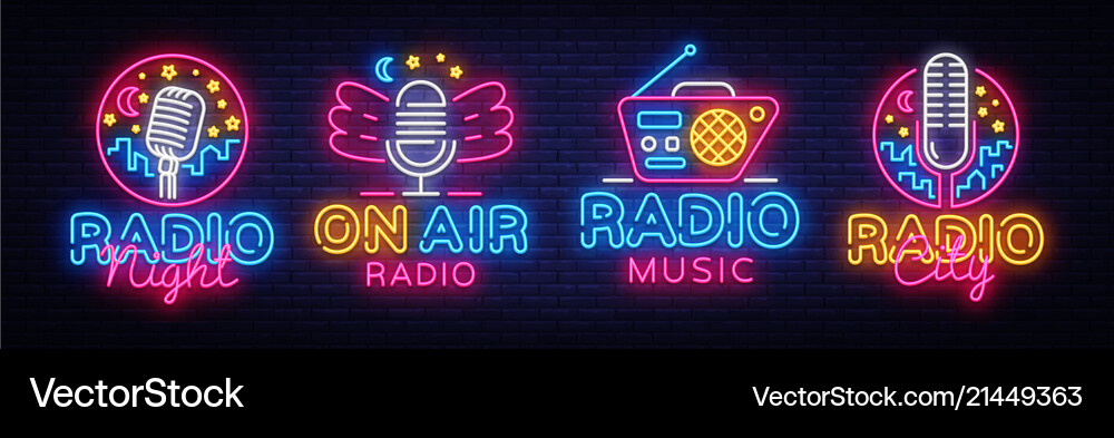 Neon Radio Night Sign Collection Royalty Free Vector Image