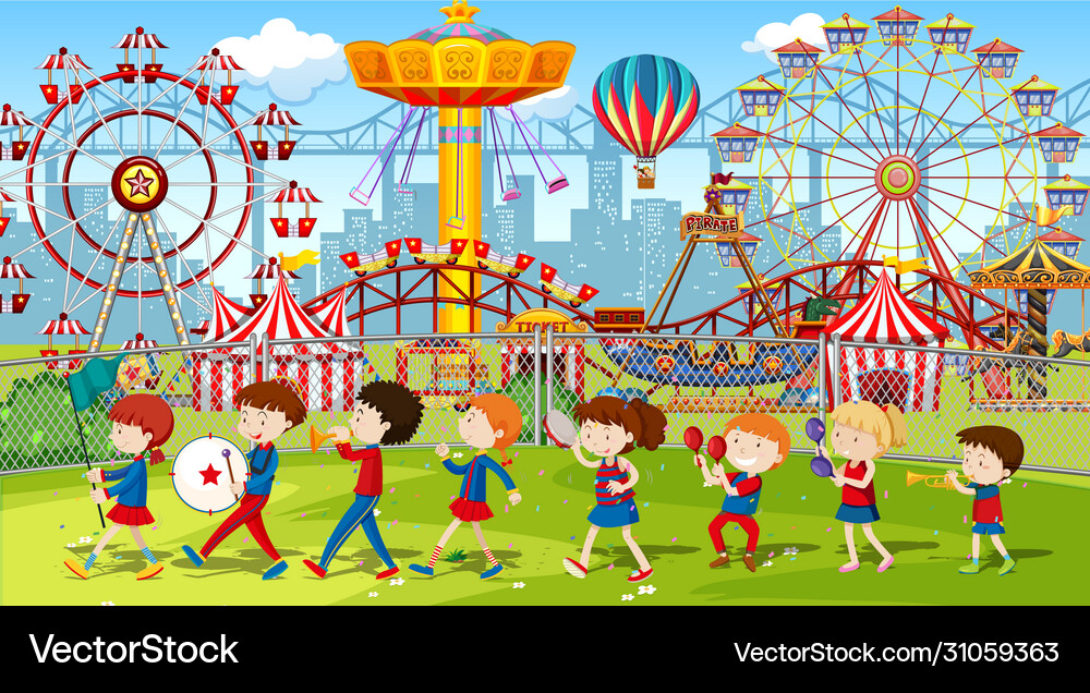 Themepark scene with many rides children Vector Image