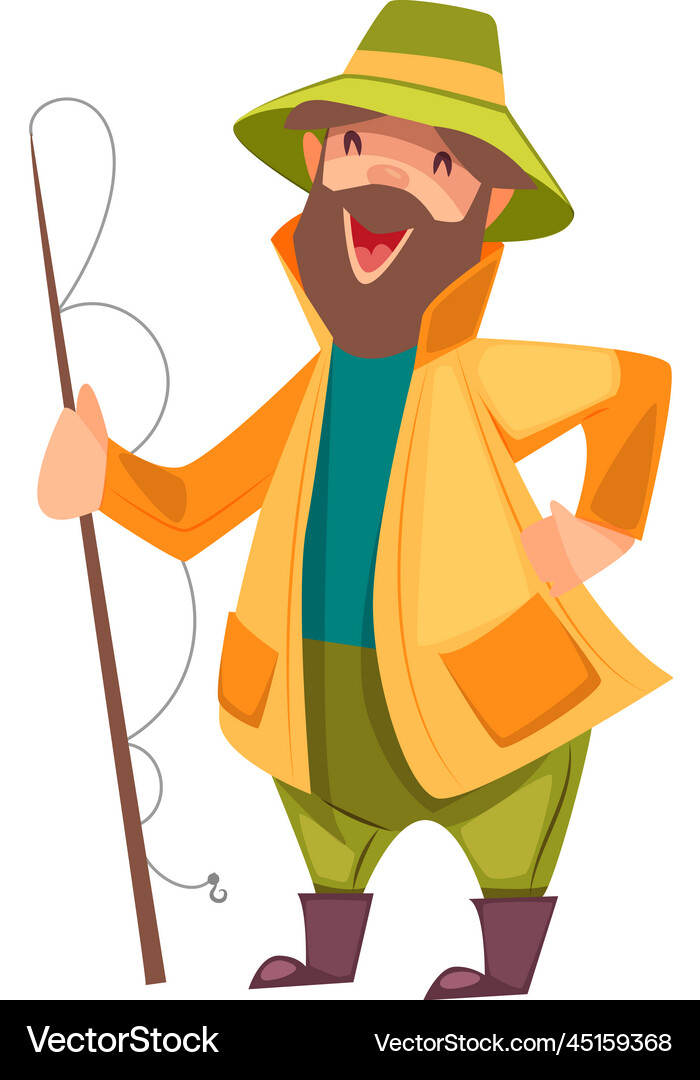 Bearded fisherman capturing fish with rod Vector Image
