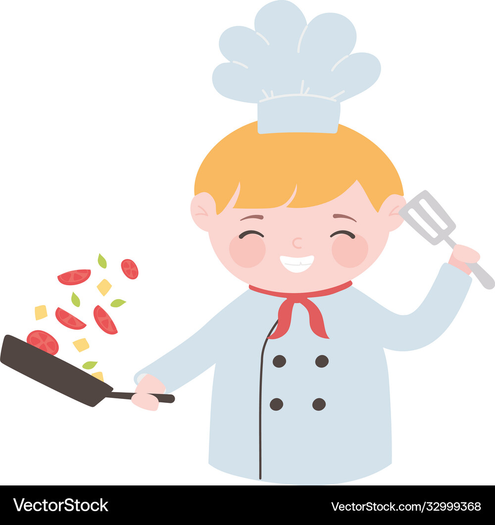 Chef boy with saucepan vegetables and spatula Vector Image
