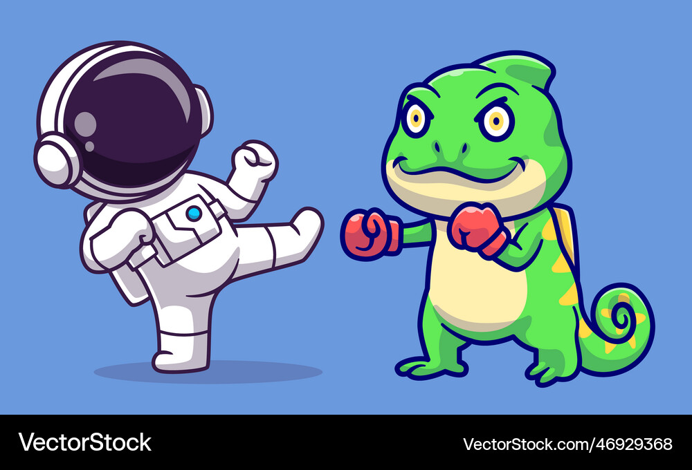 Cute astronaut karate kick vs chameleon boxing Vector Image