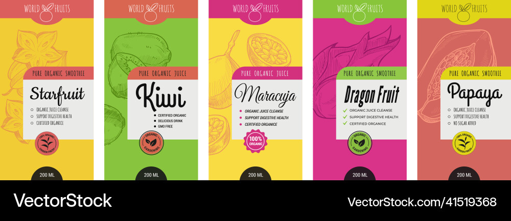 Fruit juice label set pure organic sticker Vector Image
