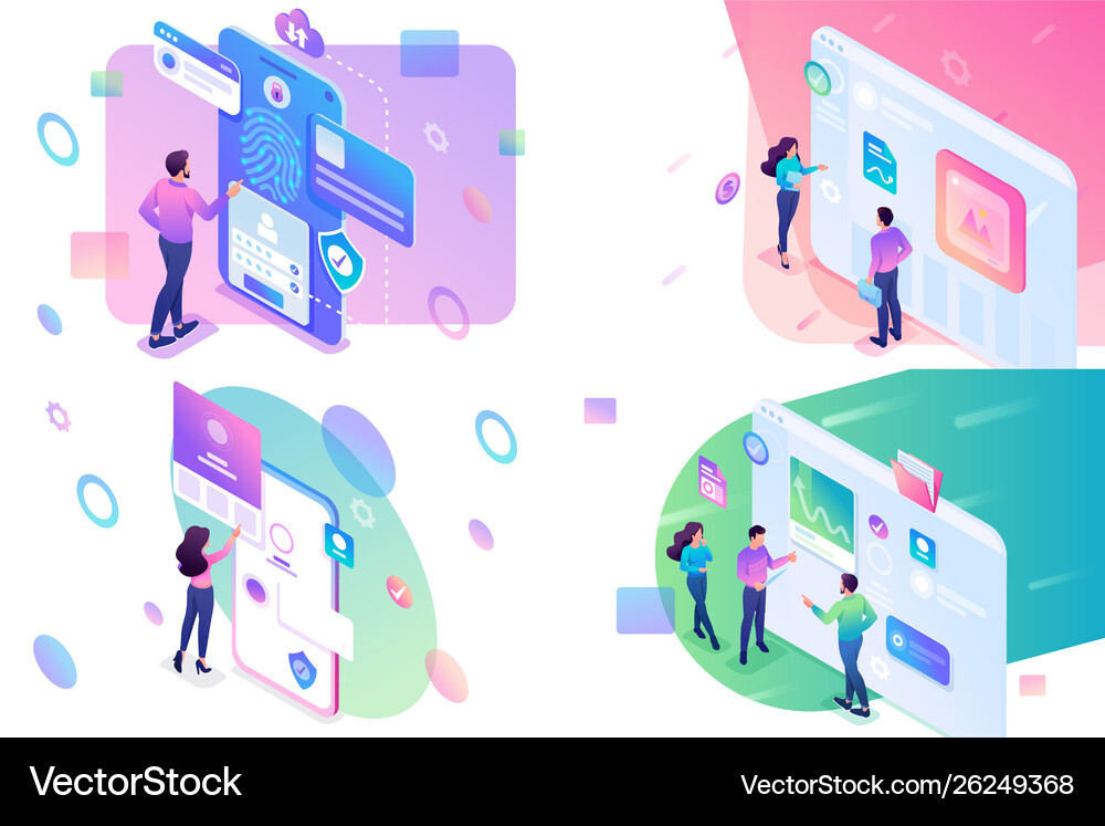 Set isometric concept young teenagers working Vector Image