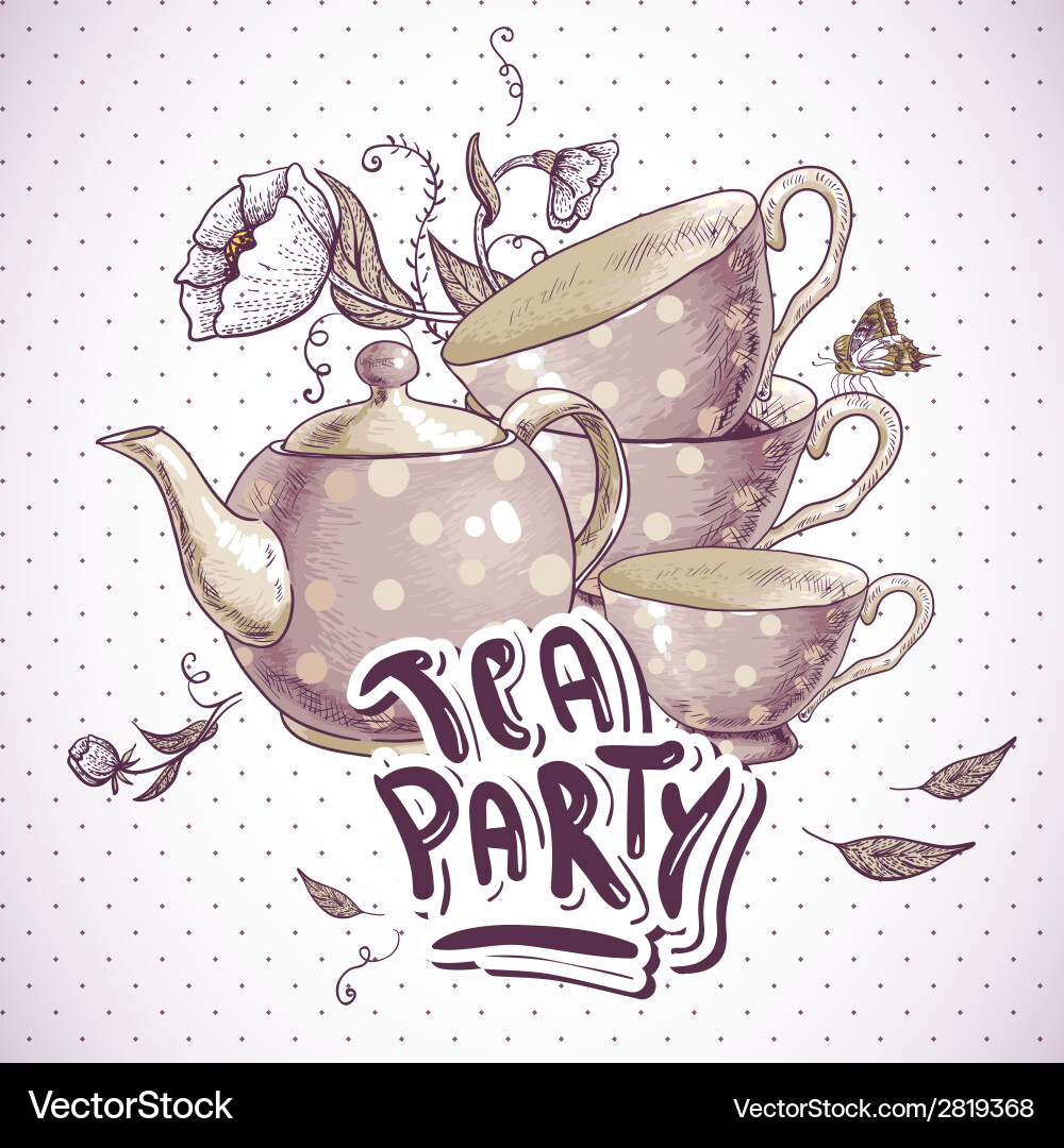 Tea party invitation card with a cups and pot Vector Image