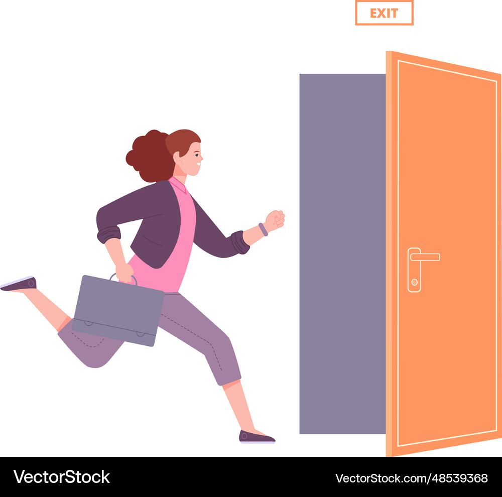 Young woman running with briefcase to exit door Vector Image
