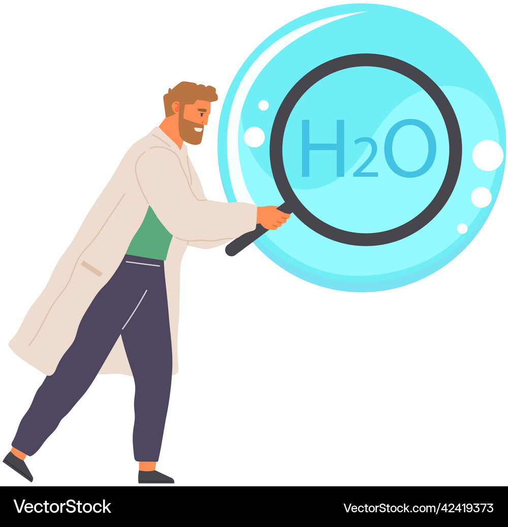 Scientist with magnifier makes analysis of water Vector Image