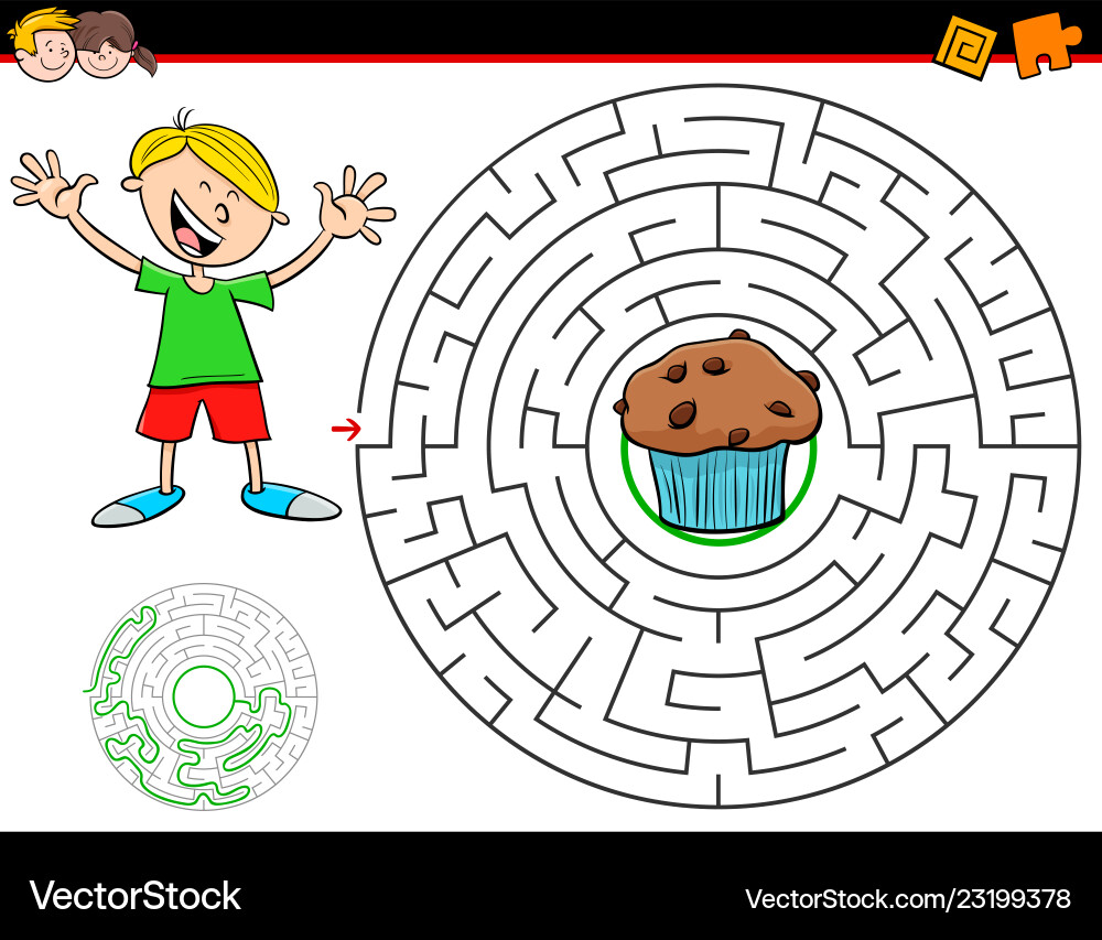 Cartoon maze game with boy and muffin Royalty Free Vector