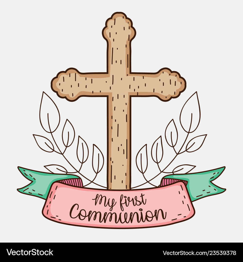 My first communion with cross and branches leaves Vector Image