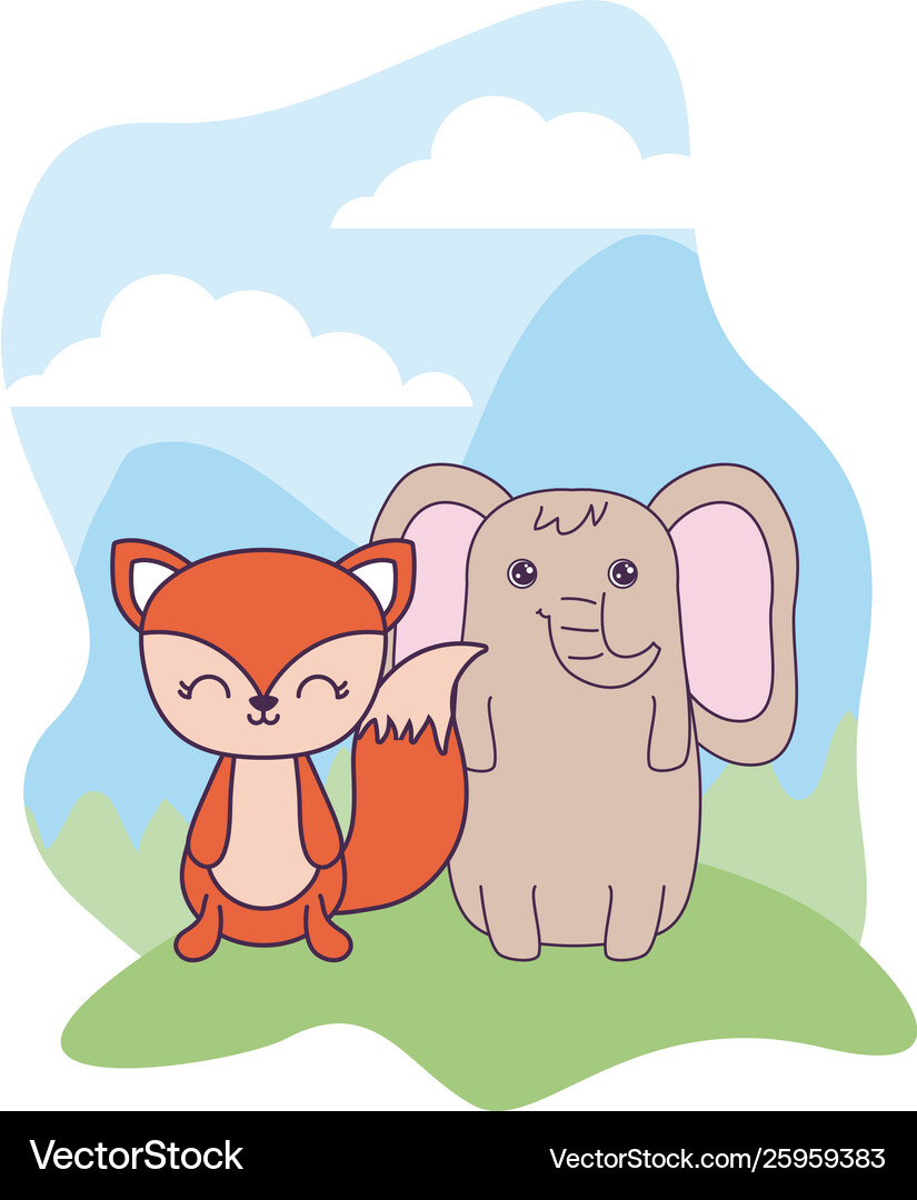 Cute elephant with fox animals in landscape Vector Image