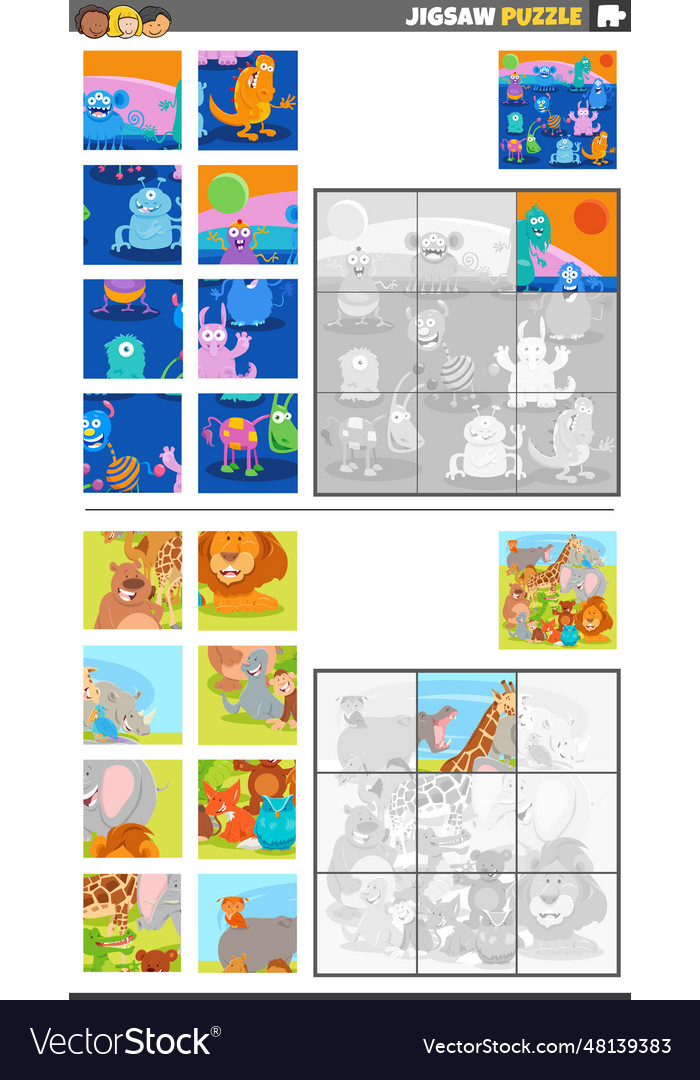 Jigsaw puzzle games set with cartoon fantasy Vector Image