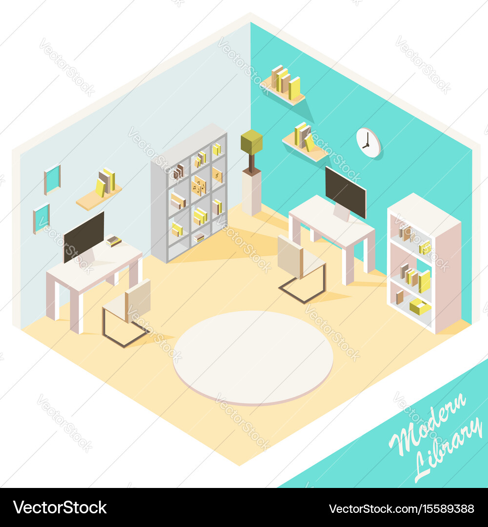 Library isometric concept with books and Vector Image
