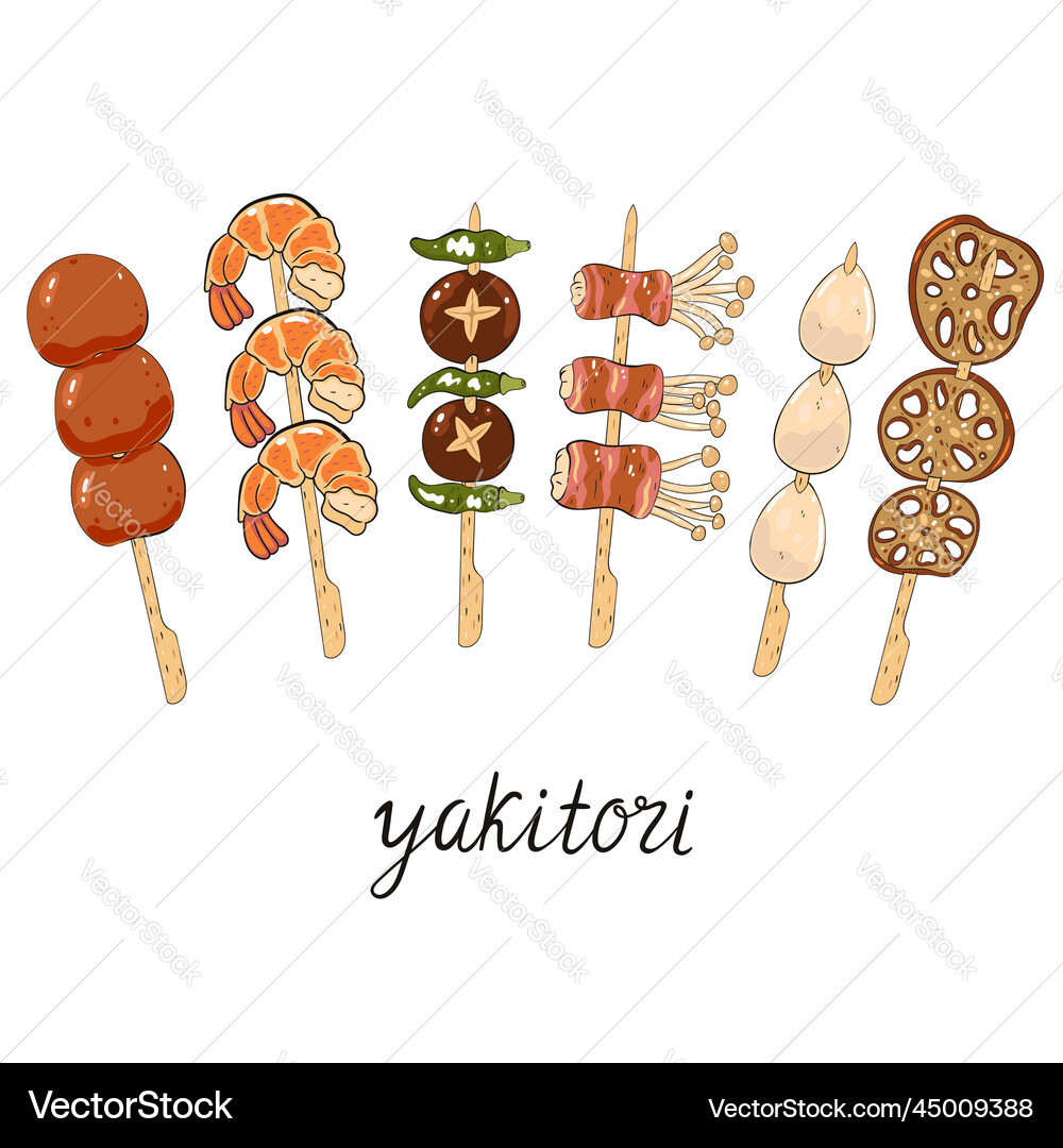 Set of different yakitori isolated on white Vector Image