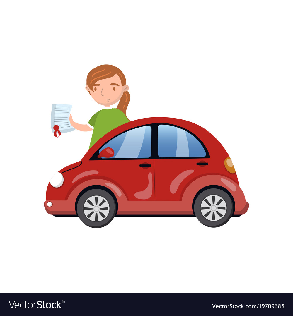 Woman Standing Behind Of Red Car And Showing Paper