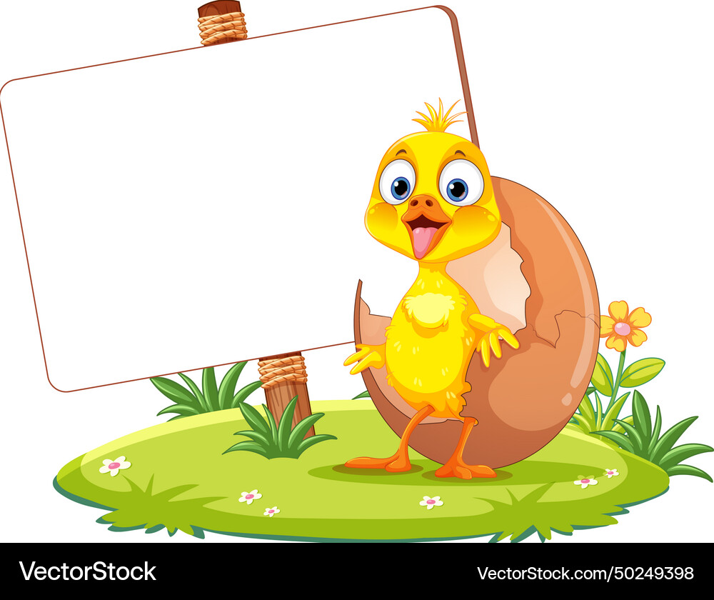 Cute chick standing by an empty signboard Vector Image
