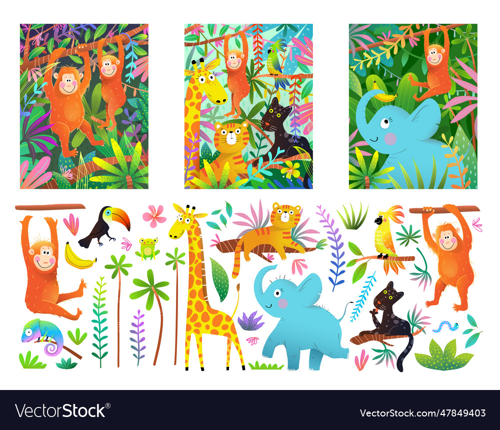Animals in wild jungle greeting cards set for kids