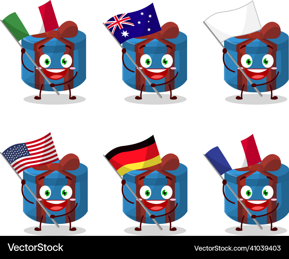 Blue round gift cartoon character bring the flags Vector Image
