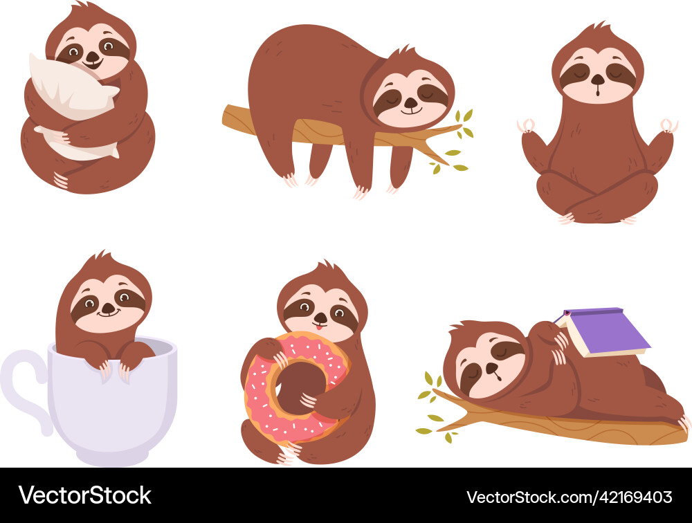 Sloths cute lazy relax on branches wild Royalty Free Vector