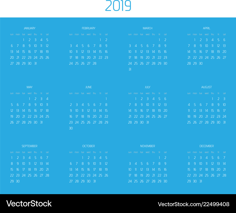 Calendar - year 2019 week starts from Royalty Free Vector