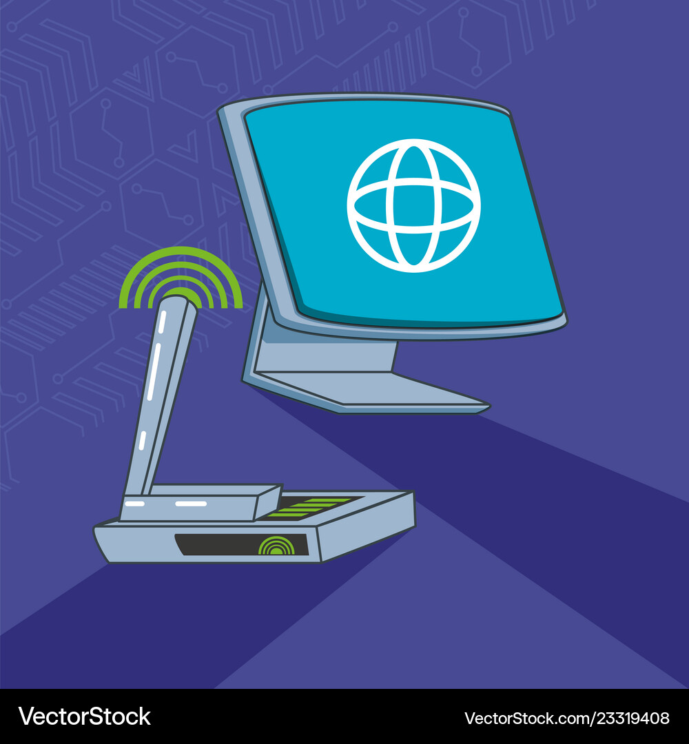 Computer monitor with browser and router Vector Image