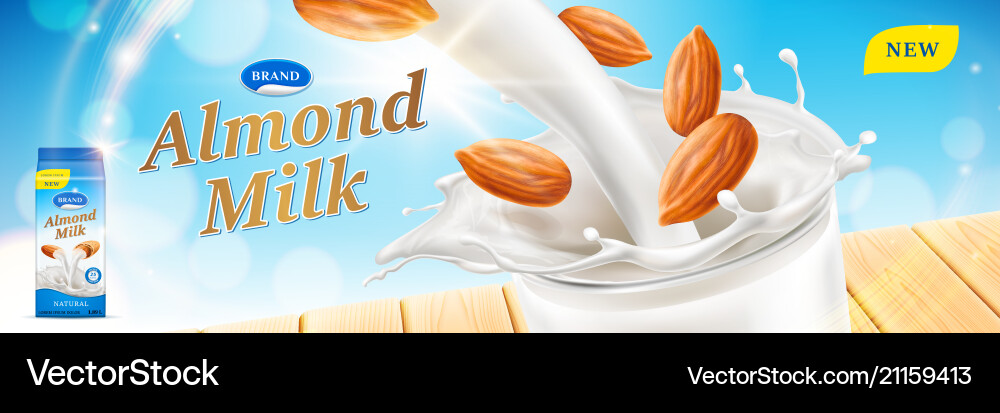 Almond milk ads beverage pouring down and splash Vector Image