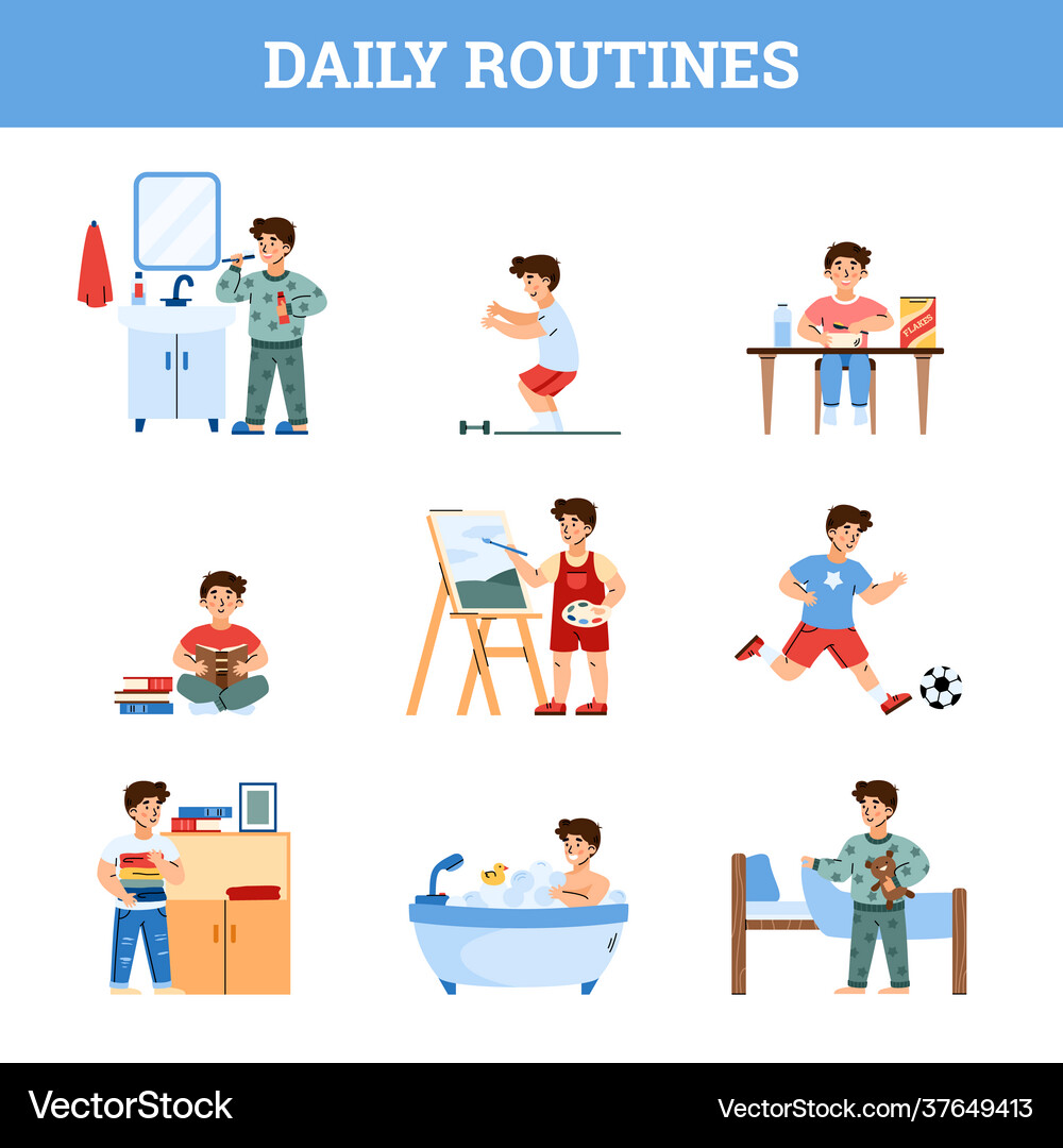Daily boys routine hygiene and activity cartoon Vector Image