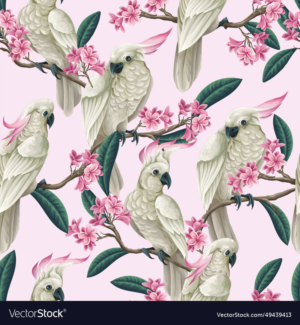 Seamless Pattern With Cockatoo Tropical Leaves Vector Image