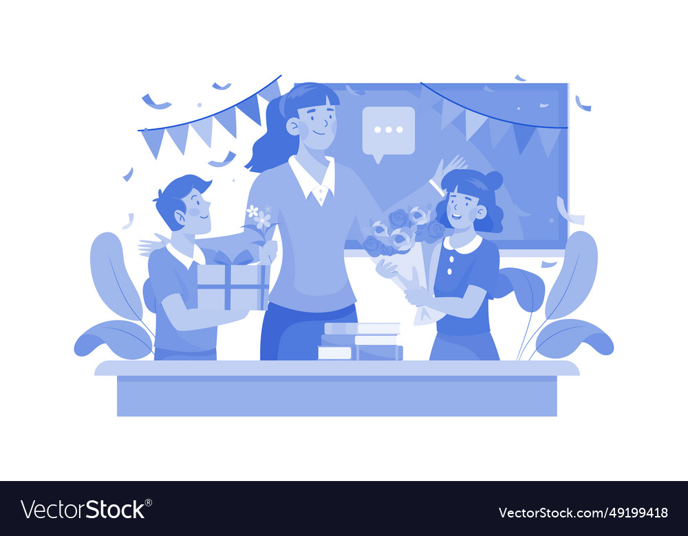 Students give flowers to the teacher Royalty Free Vector