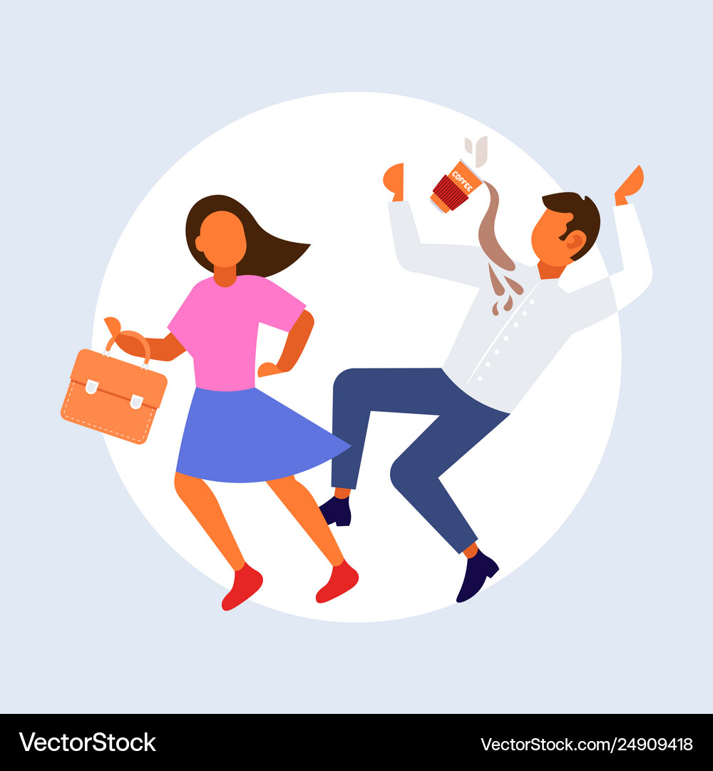 Woman knocking man with coffee cup falling down Vector Image