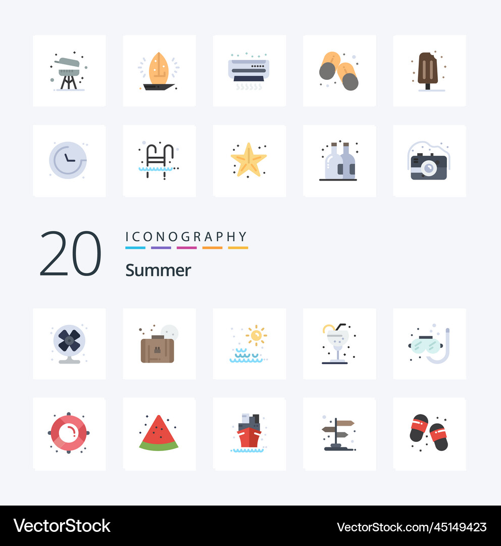 20 summer flat color icon pack like diving ice Vector Image