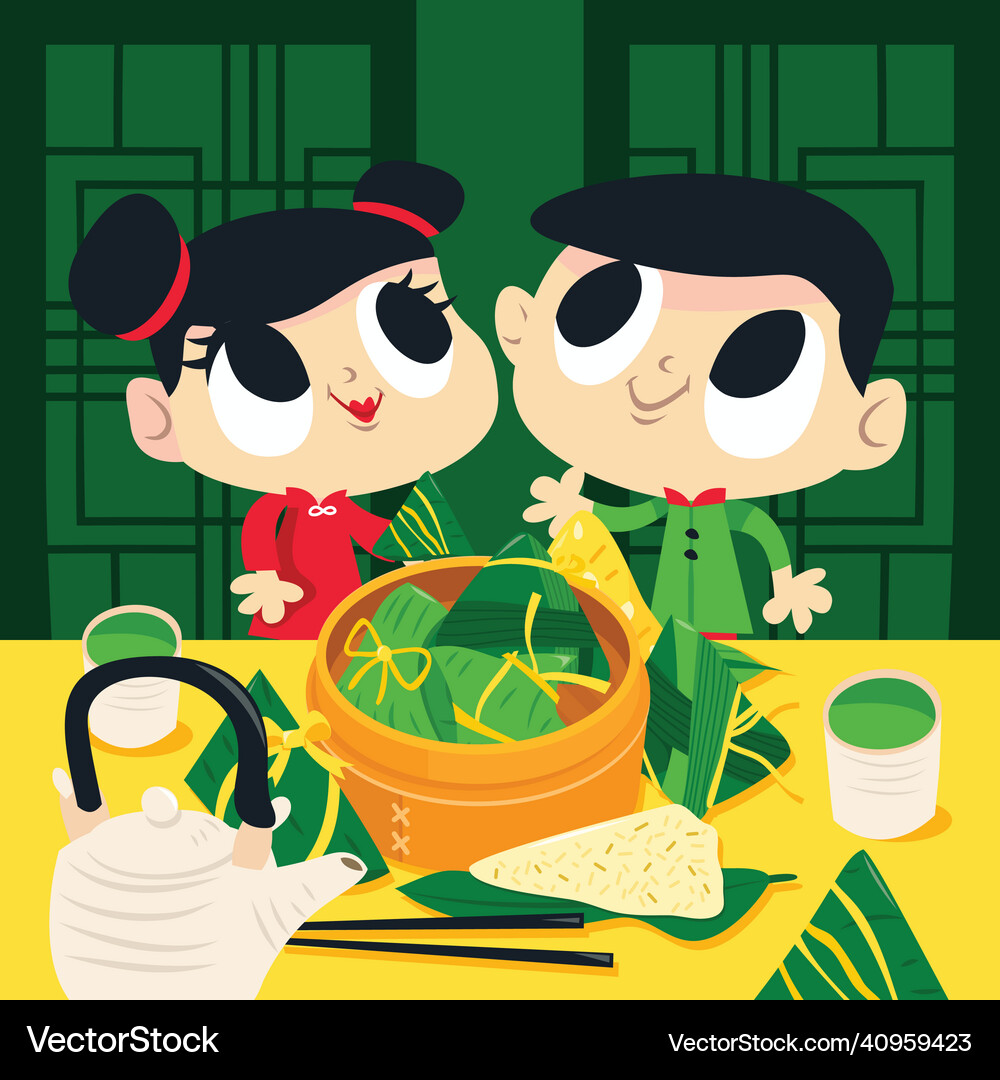 Cartoon chinese rice dumpling tea party Royalty Free Vector