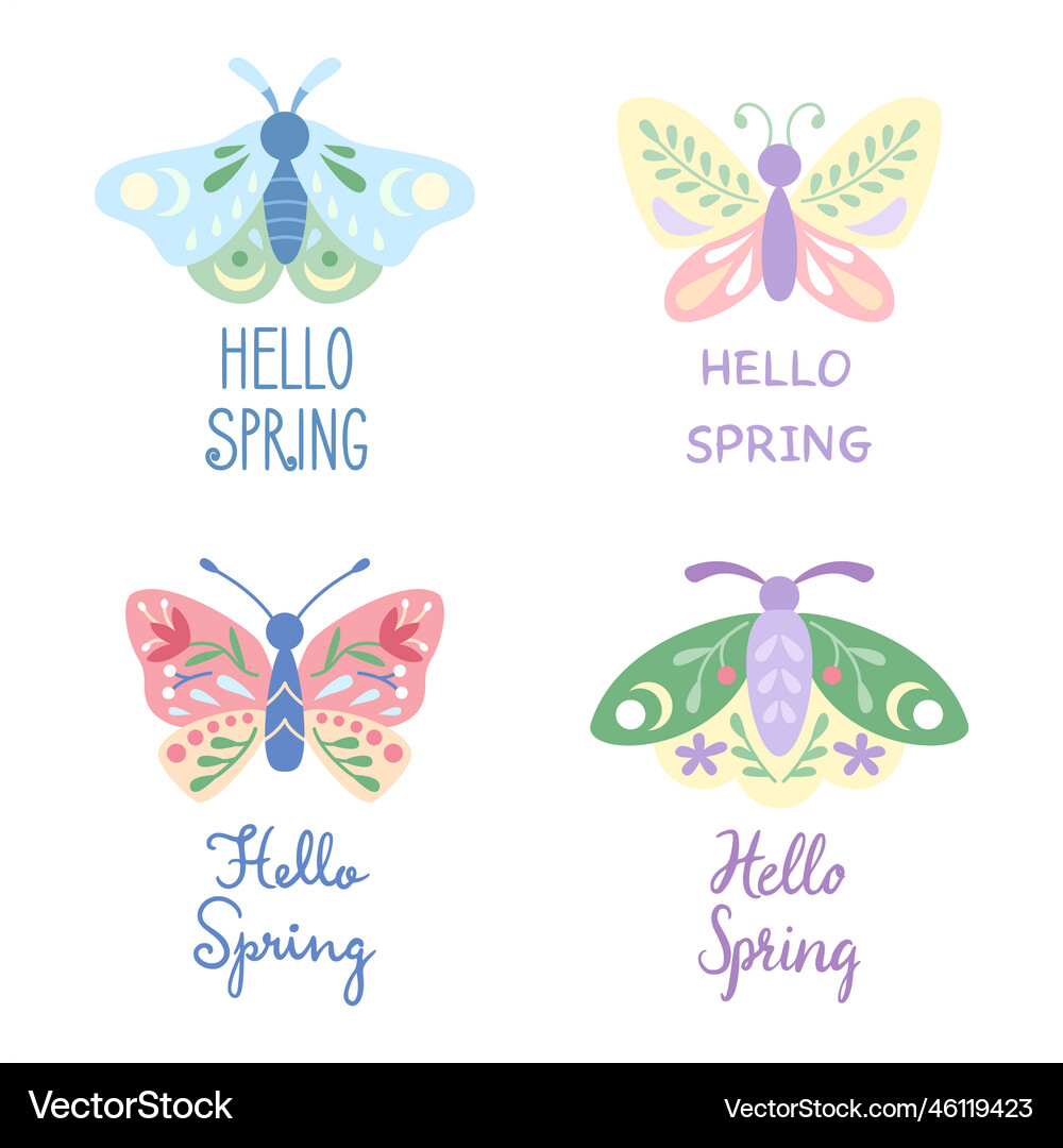 Hello spring lettering set of moths Royalty Free Vector