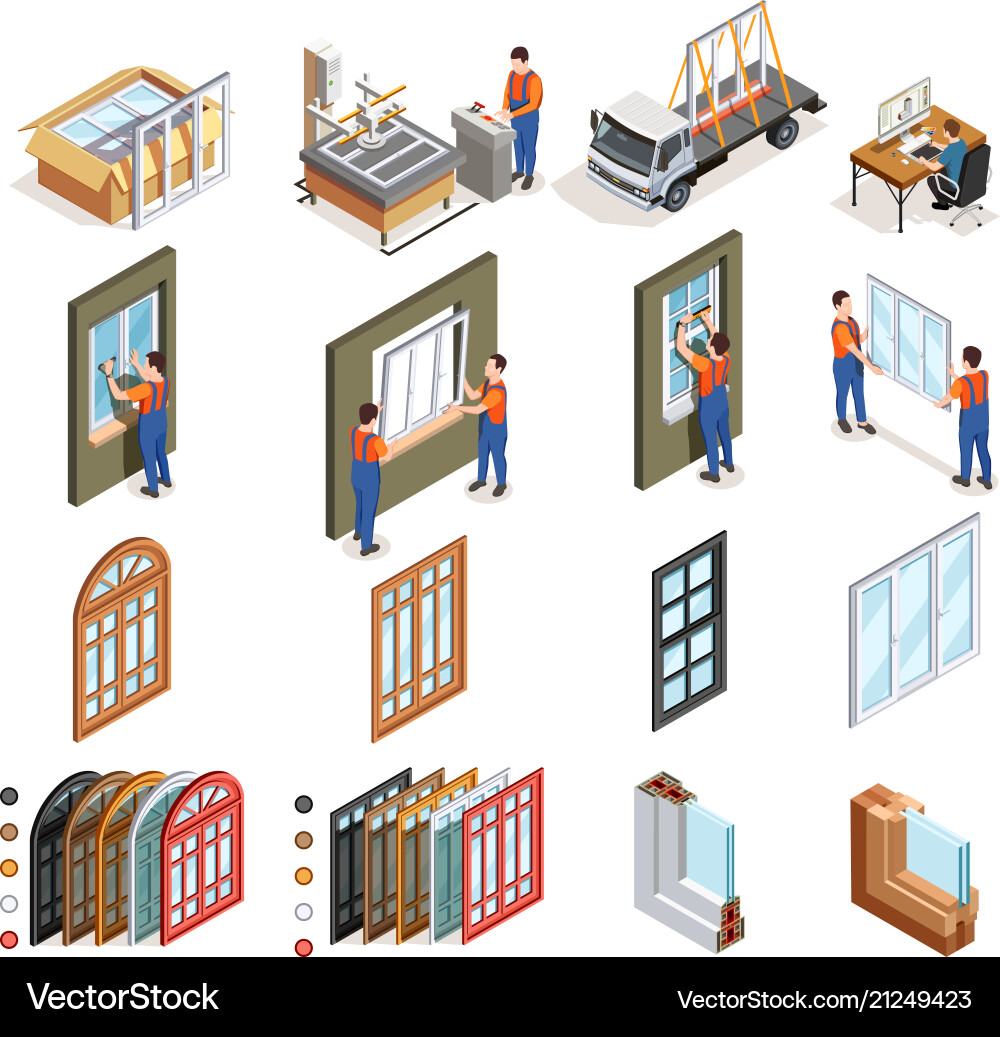 Pvc windows production isometric icons Royalty Free Vector