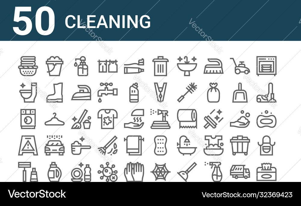 Set 50 cleaning icons outline thin line Royalty Free Vector