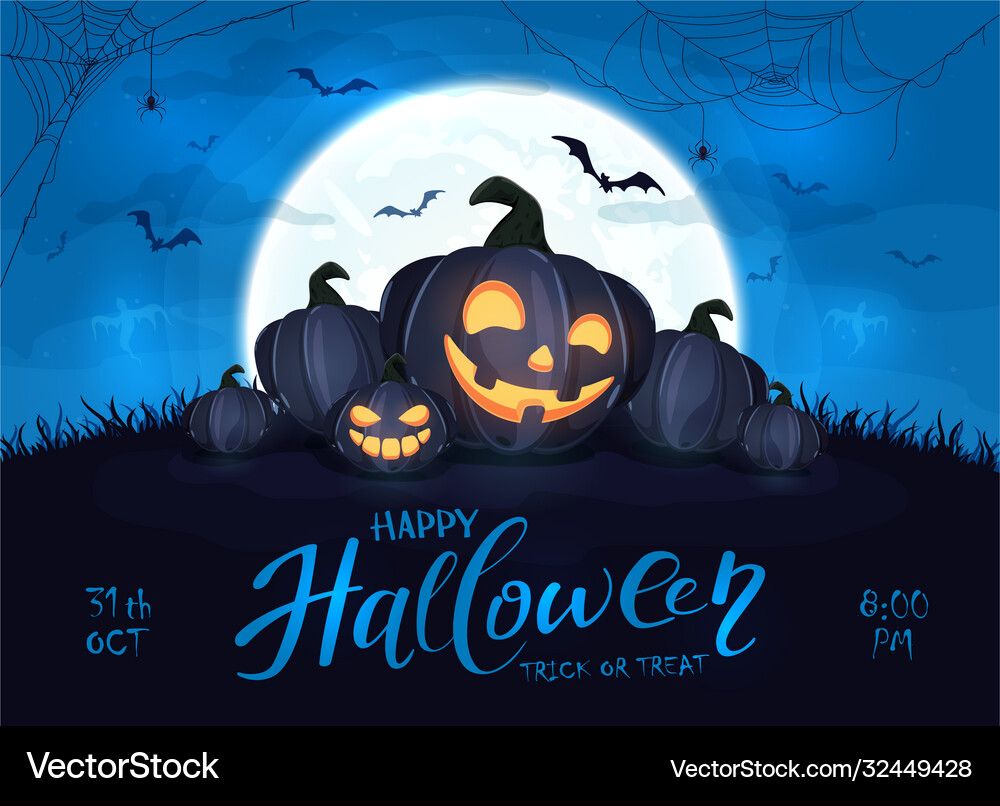 Halloween pumpkins on blue background with moon Vector Image