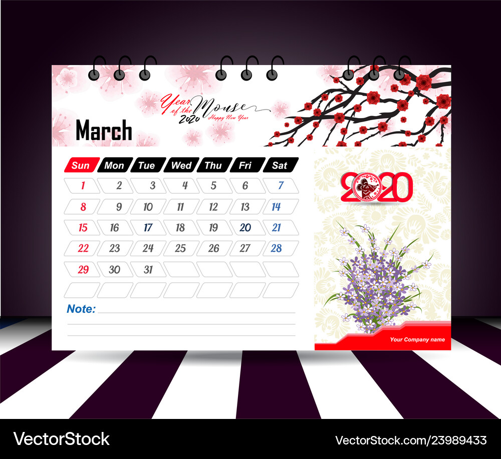 March 2020 calendar for new year Royalty Free Vector Image