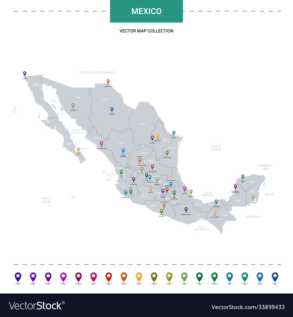 Mexico map with location pointer marks Royalty Free Vector
